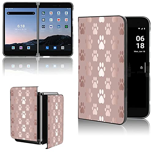 Case for Microsoft Surface Duo Case,Surface Duo Leather Case 2020, AIRWEE Ultra Slim Hard PC Back Case Protective Fold Cover for Microsoft Surface Duo,Pink Paw Print