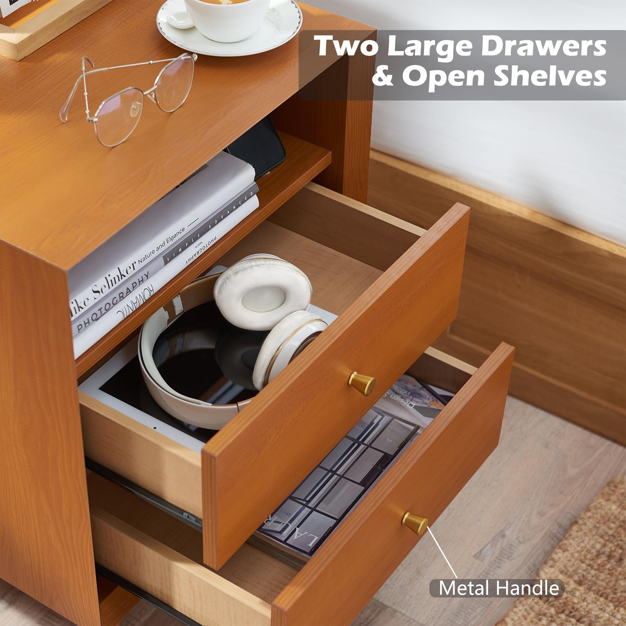 T4TREAM Nightstand with Charging Station, 18" Mid Century Modern Side Table, 2 Drawer Dresser, End Table w/Storage, Bedside Table for Bedroom, Living Room, Beveled Profile Design, Natural Oak