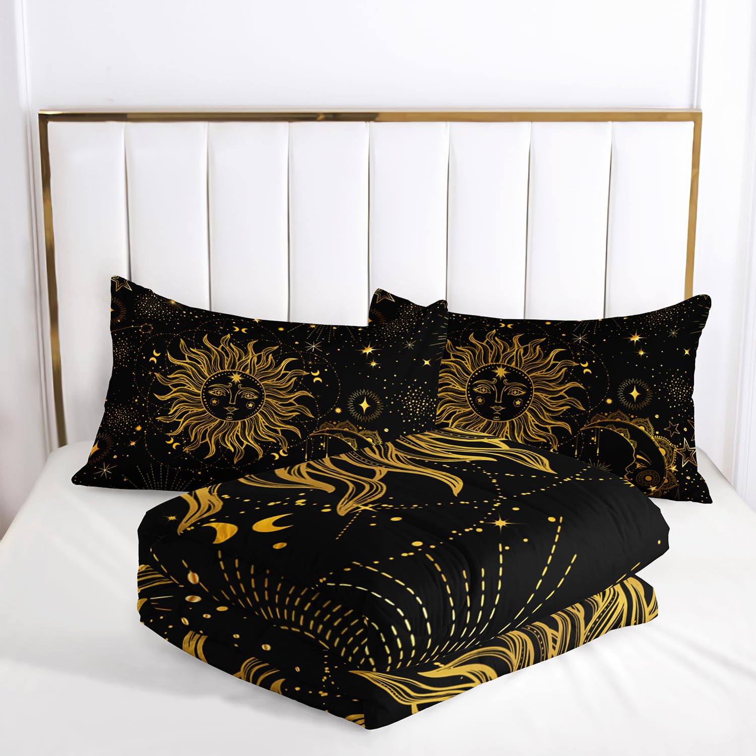 Nttopship Sun and Moon Bedding Comforter Set for Kids Teens and Adults Mysterious Galaxy Theme Printed Quilt Set for Bedroom 100% Soft Microfiber Print Quilt Set with 1 Comforter and 2 Pillow Case