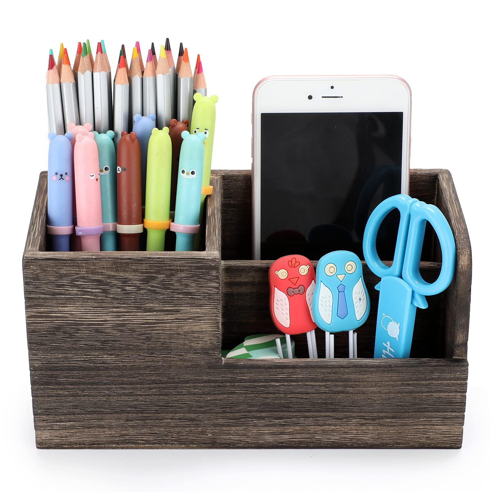 BTSKY Desk Pen Pencil Holder Leather Multi-function Desk Stationery Organizer Storage Box Pen/Pencil, Cell phone, Business Name Cards Remote Control Holder (Linen Grey)