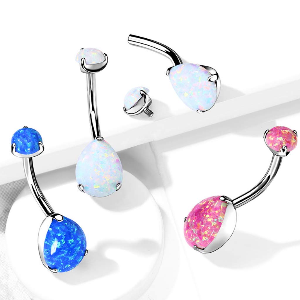 BODY DAZZ 14G Pear Shape Synthetic Opal Grade 23 Titanium Navel Belly Button Ring Curved Barbell (White)