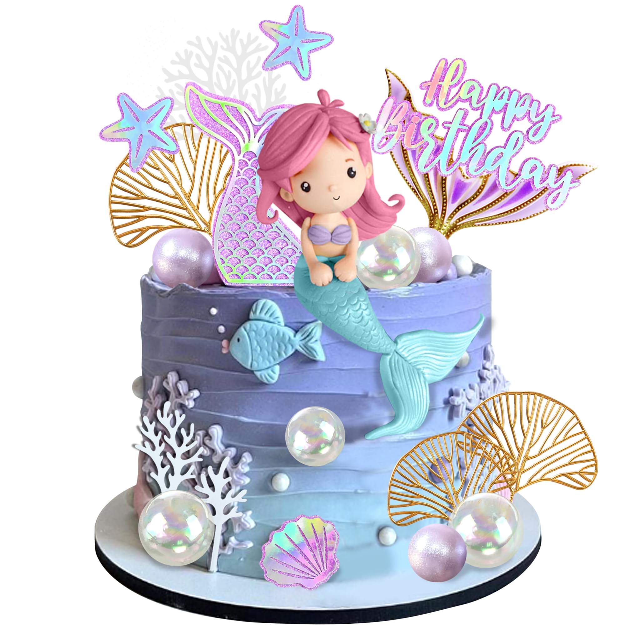 DRWATE Mermaid Cake Toppers with 3D Mermaid Shell Starfish Fishtail Balls for Kids Girls Birthday Party Baby Shower Supplies (Style1)
