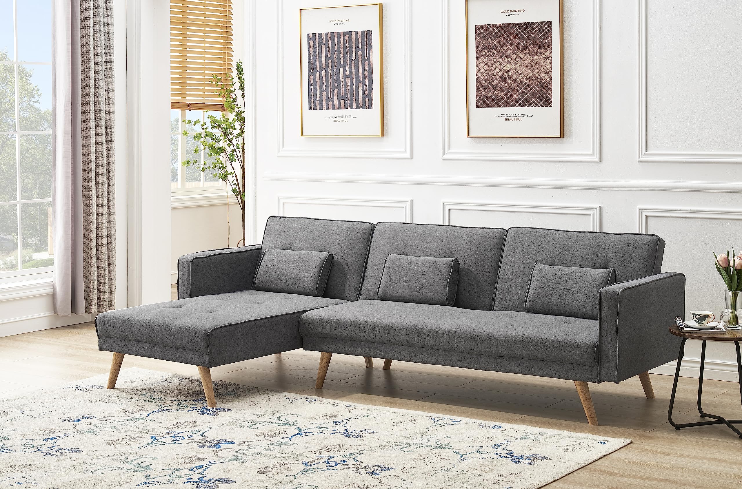 Eafurn L-Shaped Sectional Sofa with Adjustable Backrest and Chaise Lounge,3 Seat Upholstered Sleeper Futon Couch with Solid Wood Legs, Left Hand Facing Tufted Seater Sofa & Couch with 5 Pillows