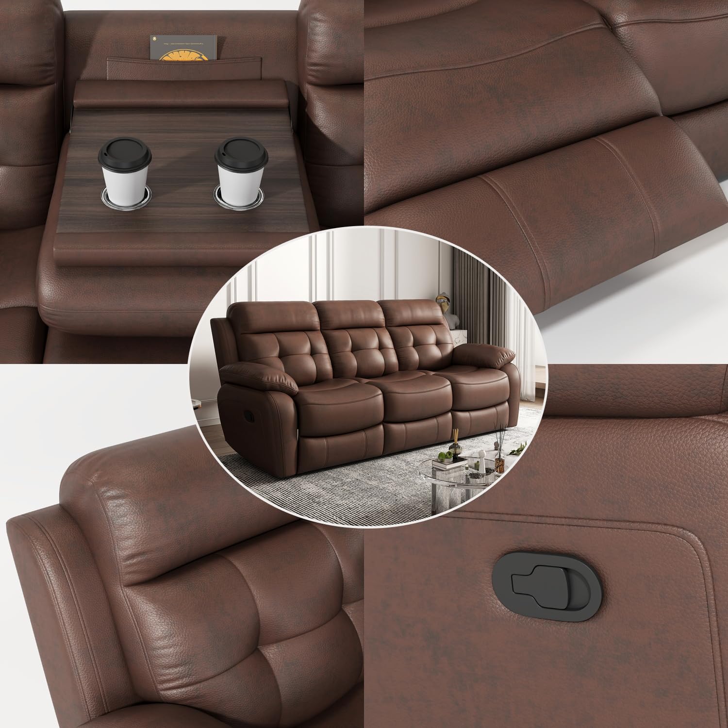 Elountik Luxury 3-Seat Genuine Leather Manual Reclining Sofa, Leather Recliner Couch with Drop Down Table and Stainless Steel Cupholders (Blue)