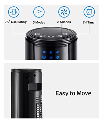 MEPTY Tower Fan with Remote, 36’’ Oscillating Fan with 3 Speeds,3 Modes,Portable Standing Floor Fan with Timer,Quiet Cooling Fan,Bladeless Fan for Bedroom,Office,Living Room,Black