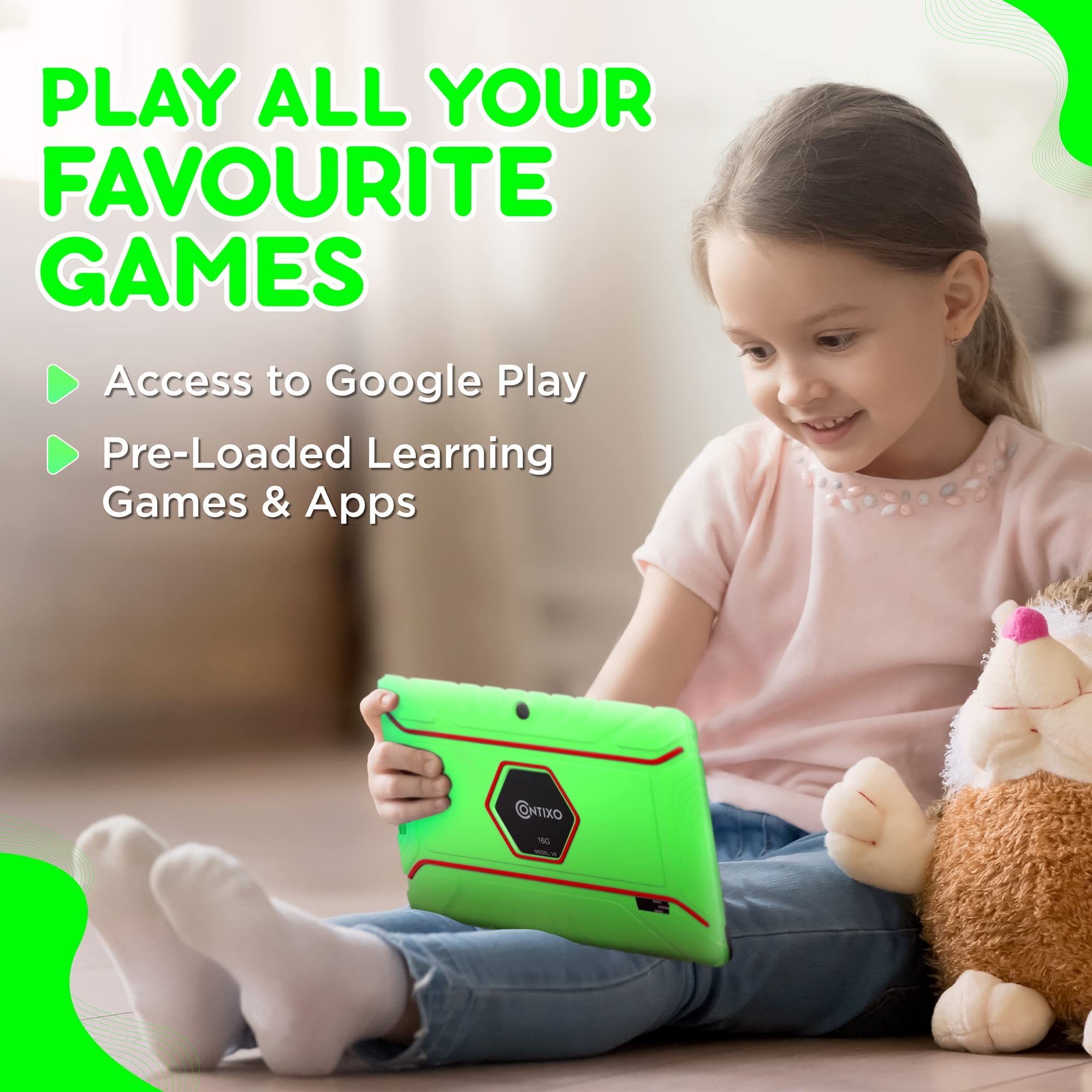 Contixo Kids Tablet, V8 Tablet for Kids and KB-2600 Kids Foldable Wireless Bluetooth Headphone Bundle, Learning Tablet, Parental Control Family Link - Green