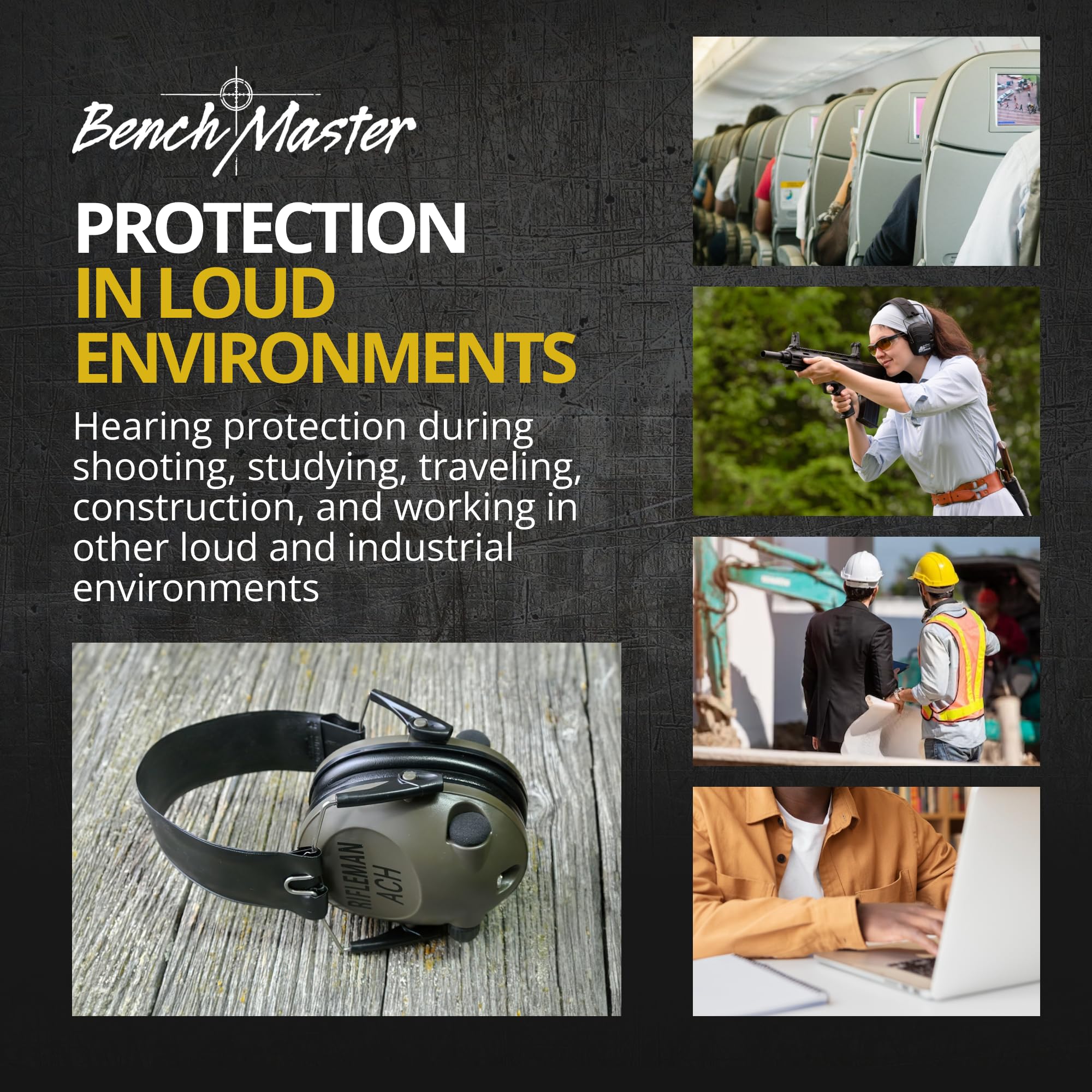 BenchMaster Rifleman TAC Ear Muffs, Shooting Electronic Ear Protection, 25 dB, Noise Reducing, Noise Canceling Headphone, 2 Millisecond Reaction Time, Audio Input, Safety Ear Muffs