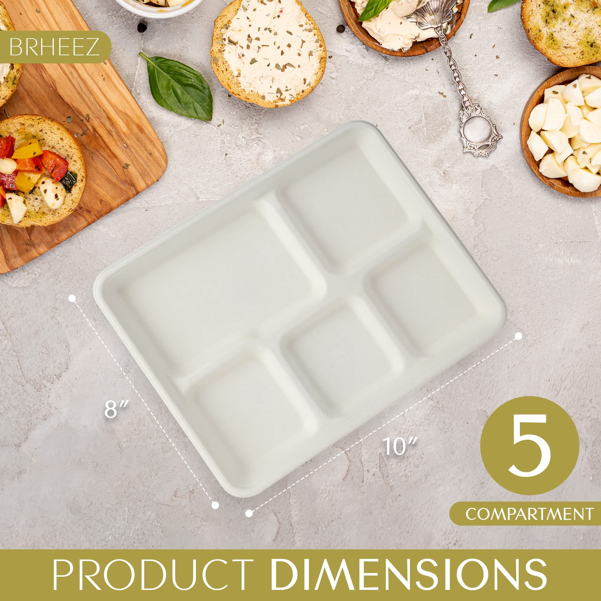 brheez Eco-Friendly 6 Compartment 8.5βx12.5β Disposable School Tray - Made from Bagasse Sugar Cane Fiber - Biodegradable, Compostable & Chemical Free - Pack of 50