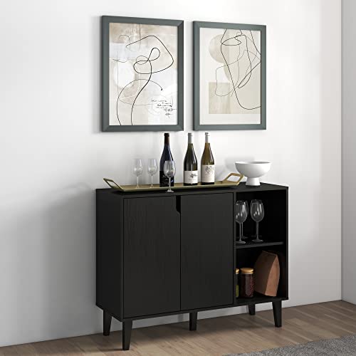 Panana Accent Sideboard Buffet Serving Cabinet with 2 Doors and Shelves Storage Cabinet White Coffee Bar Cabinet for Kitchen Dinning Room Living Room (41.81 inch, Black)