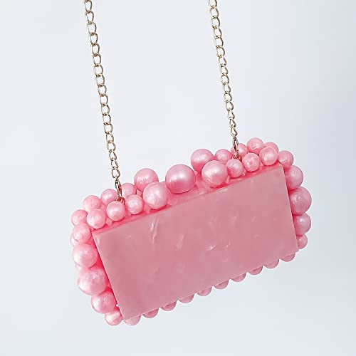 CARZA Acrylic Clutch Purse for Women with Marbling Evening Handbag Square Box Crossbody Bag with Glitter Beads (Pink)