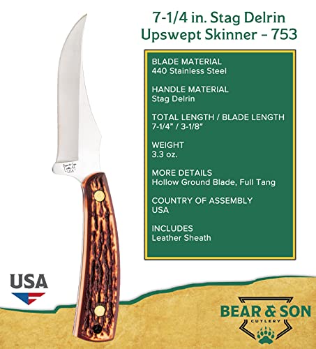 Bear & Son Cutlery 7 1/4" Upswept Skinner Knife, 440 High Carbon Stainless Steel Blade, Stag Delrin Handle, Leather Sheath (753)