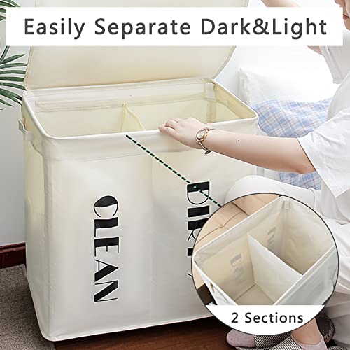 ParkNbuy 2 Section Laundry Hamper with Wheels and Lid,Large Laundry Basket on Wheels with Handle,Oxford Cloth Hamper on Wheels for Family Room Clothing Toys