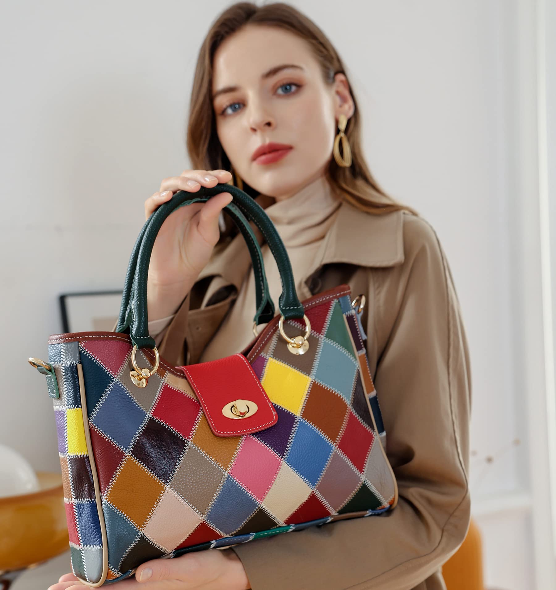 Heshe Womens Multi-color Leather Shoulder Bag Hobo Tote Handbag Cross Body Purse (Colorful-2B4038)