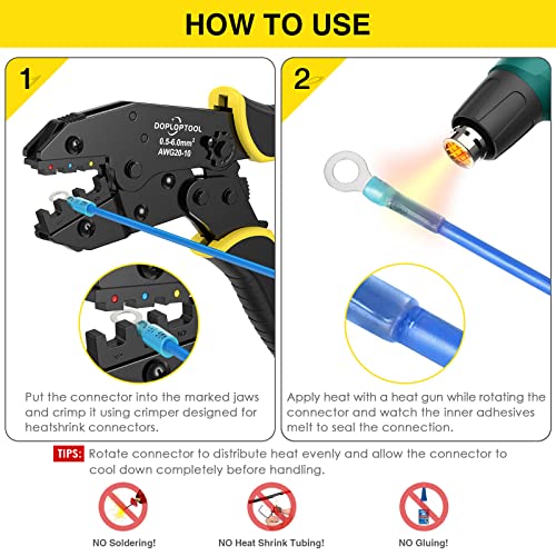 Crimping Tool for Heat Shrink Connectors, DOPLOP TOOL Ratcheting Wire Crimper Tool for 20-10 AWG (0.5-6mm²), Crimping Pliers for Cutting Wires and Insulated Wire Crimping Tool