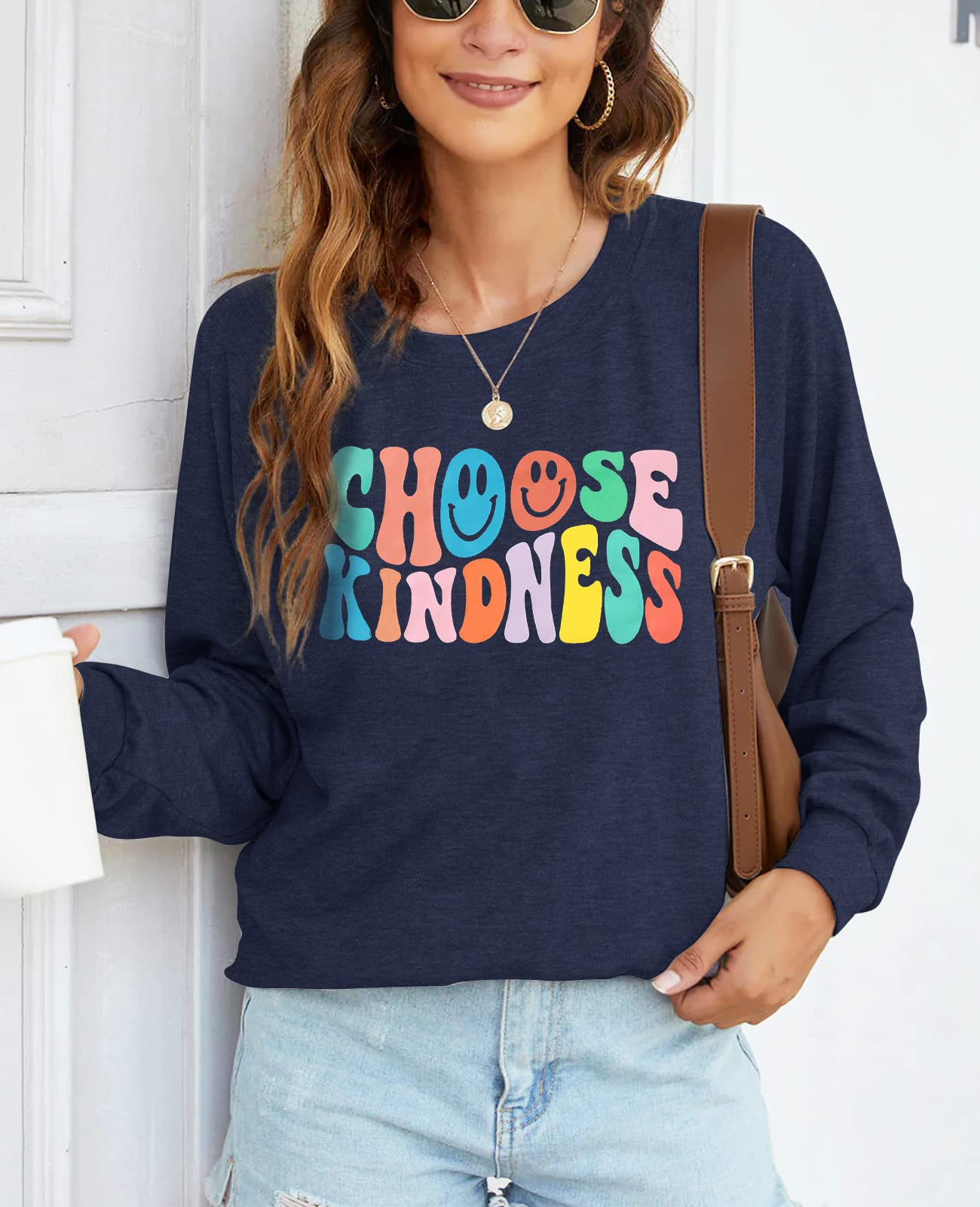 Choose Kindness Shirts Women Inspirational Graphic Tees Funny Casual Be Kind Long Sleeve Tops (Blue, XL)