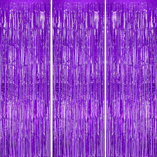 DECOCKRAT 3 Pack Foil Fringe Backdrop - Purple Shiny Tinsel Curtains for Party Decoration/Photo Booth Props - 3.3x8.2 FT Metallic Foil Backdrop for Birthday, Wedding, Graduation, Christmas.