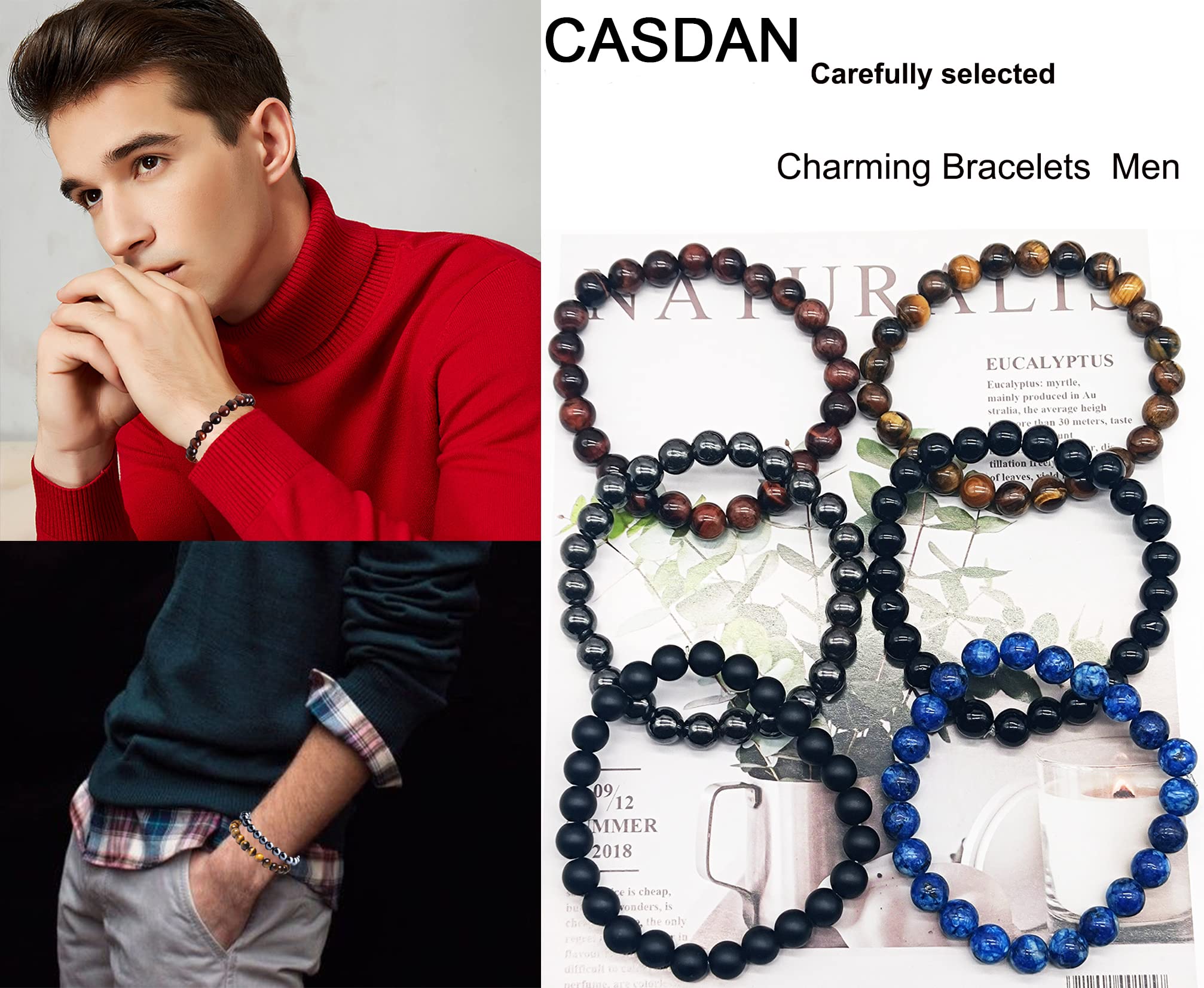 CASDAN 12 PCS 8mm Semi-Precious Gemstone Bracelet Healing Crystal Stone Stretch Bracelets for Women Men Round Beaded Elastic Bracelets