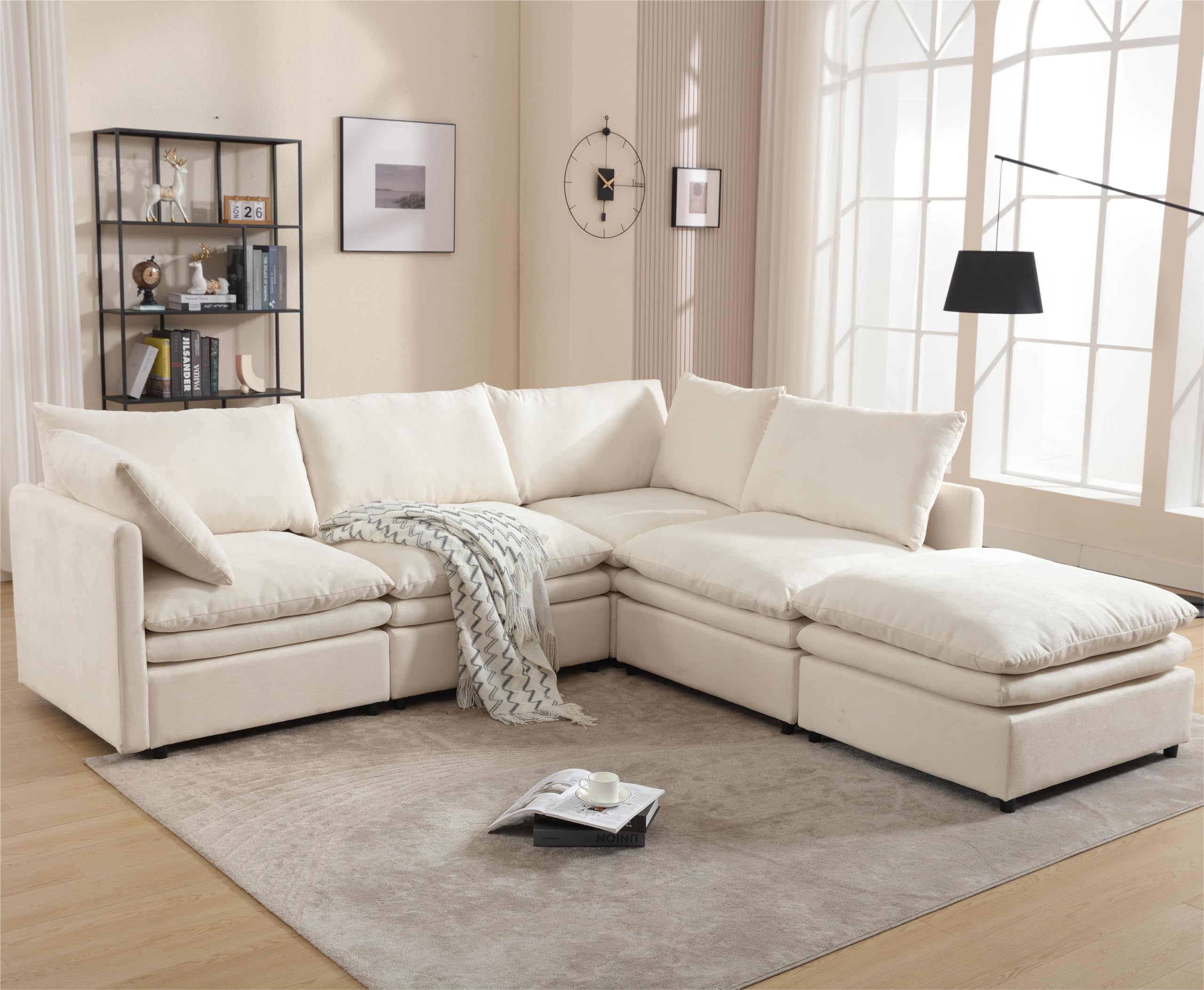 VASOENY 130 X 64.2'' Modular Sectional Couch, 5 Seat Upholstered L Shaped Sofa Couch, Modern Corner Sofa Couch with 6 Pillow for Living Room, Office, Convertible Chaise Lounge
