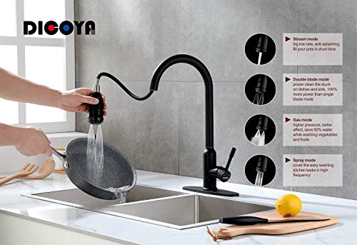 DICOYA Kitchen Faucets with Pull Down Sprayer, 4 Function Sprayer, Power Rinsing, Easy Clean, Water Saving, 304 Stainless Steel, Kitchen Sink Faucet, Single Lever, Gooseneck, Deck Plate, Black Matte