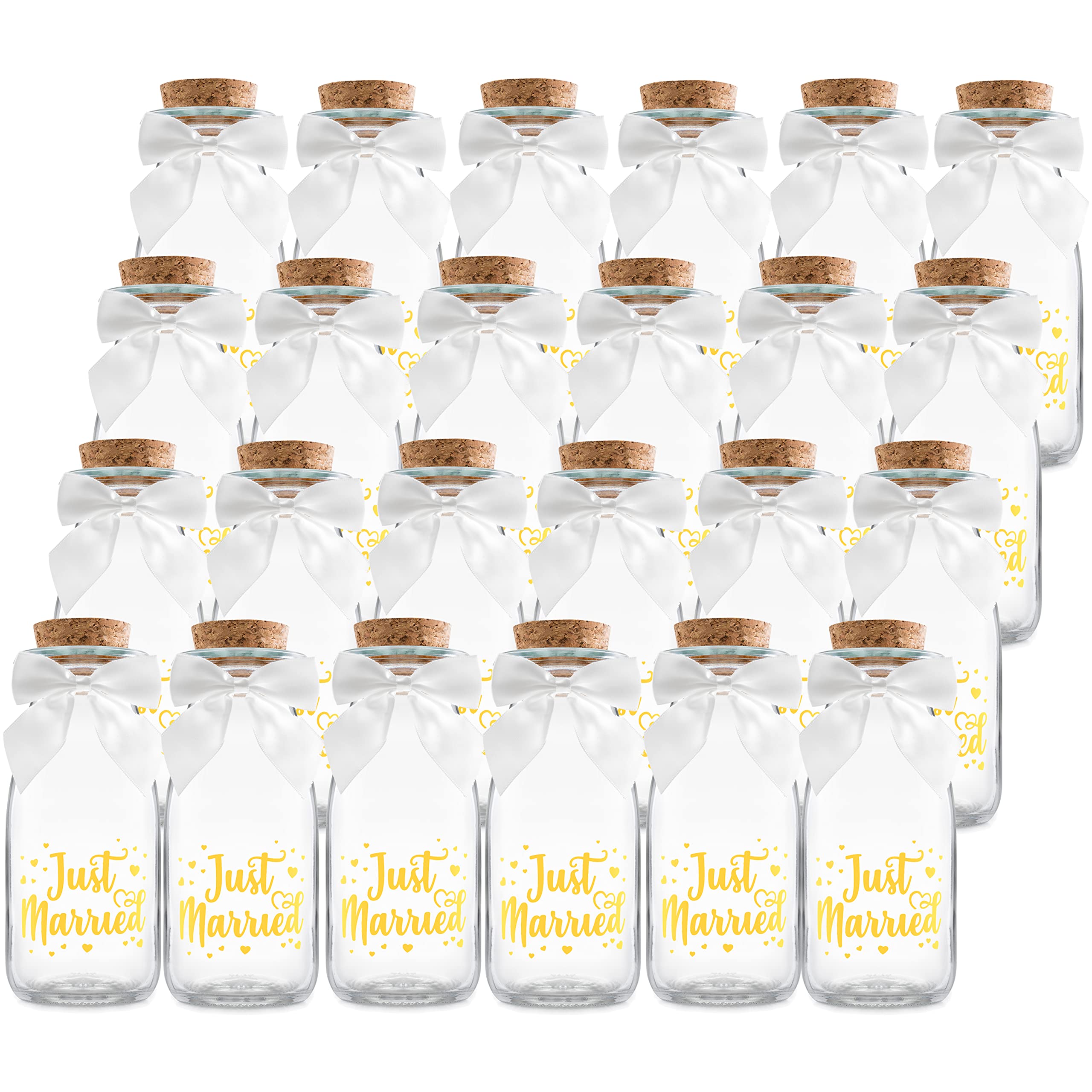 Ethisa Just Married Wedding Reception Bottles - 25 Pack Bulk Gold Glass Bottles for Favors - Wedding Party Souvenirs with White Ribbons and Thank You Stickers for Guests