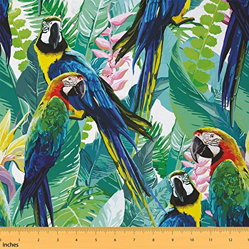 Parrot Upholstery Fabric by The Yard, Hawaiian Tropical Leaves by The Yard, Birds Floral Decorative Waterproof Outdoor Fabric, Upholstery and Home Accents, DIY Art, 5 Yards, Green Blue