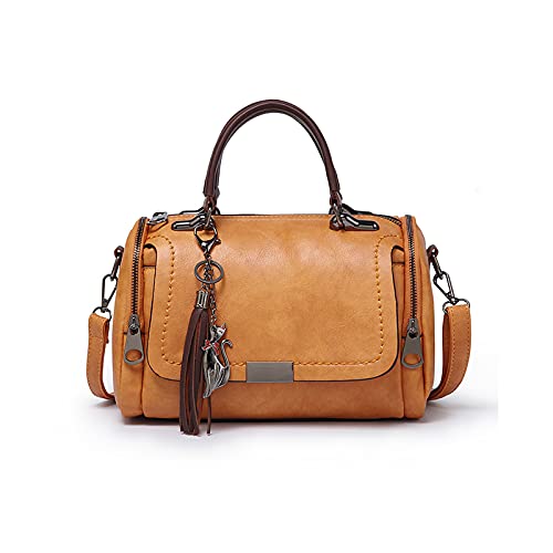 PORRASSO Retro Handbag Women Crossbody Bag Ladies Shoulder Bag Waterproof PU Leather Top-Handle Bag Work Travel Dating Boston Bag Light Brown