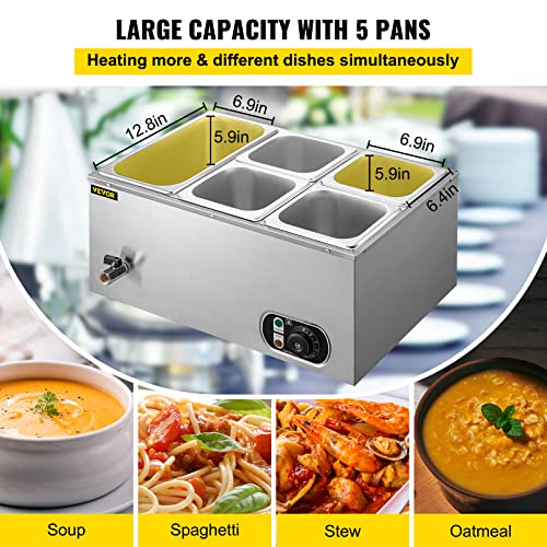 VEVOR Commercial Food Warmer, 1x1/3GN and 4x1/6GN, 5-Pan, 13.7 Qt, Silver
