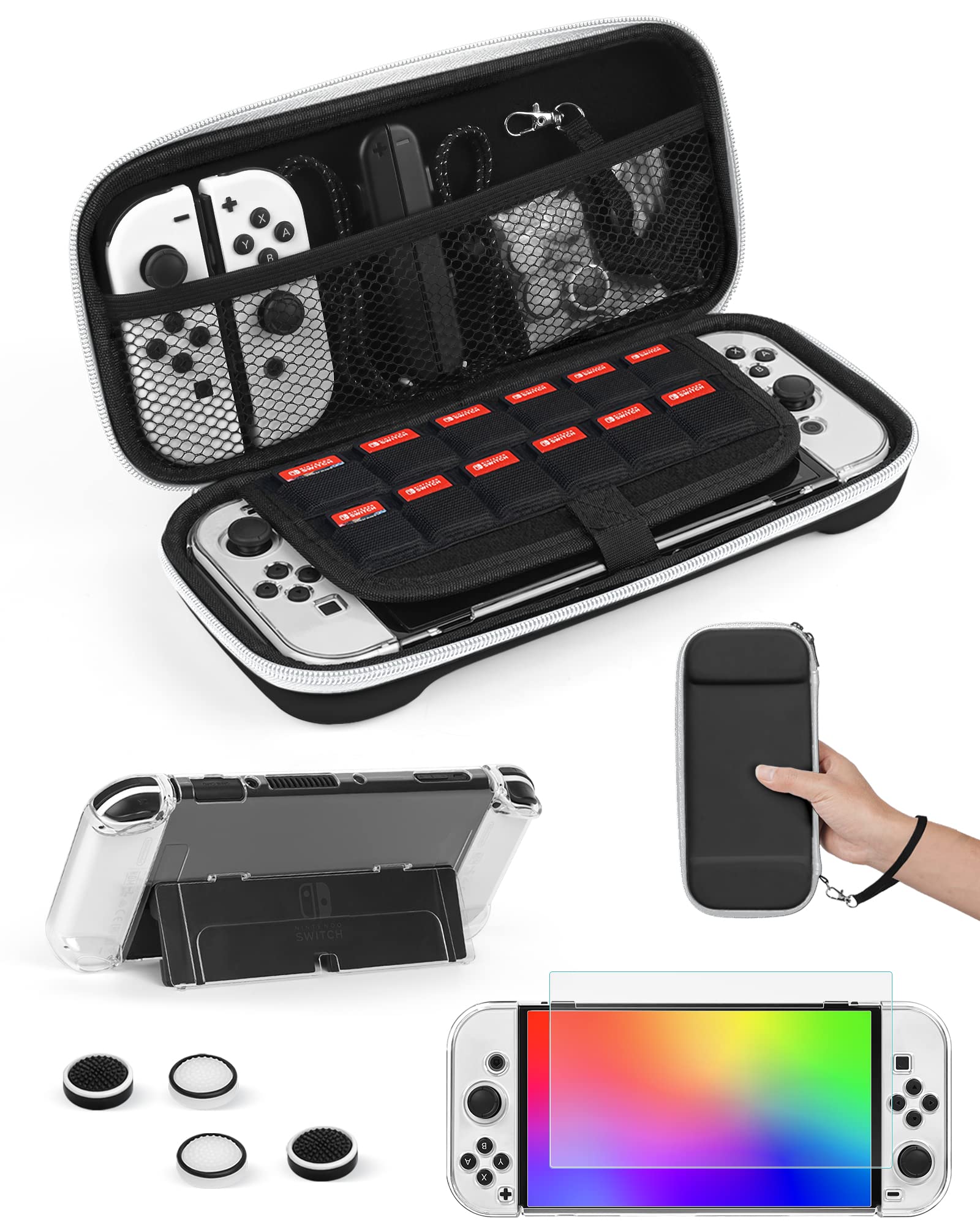 Case for Switch OLED, Portable Carrying Case for Switch OLED Accessories with Clear Protective Case Cover, Screen Protector, 4 Thumb Caps, Stoarge Case for Switch OLED 2021 Controller (Black)