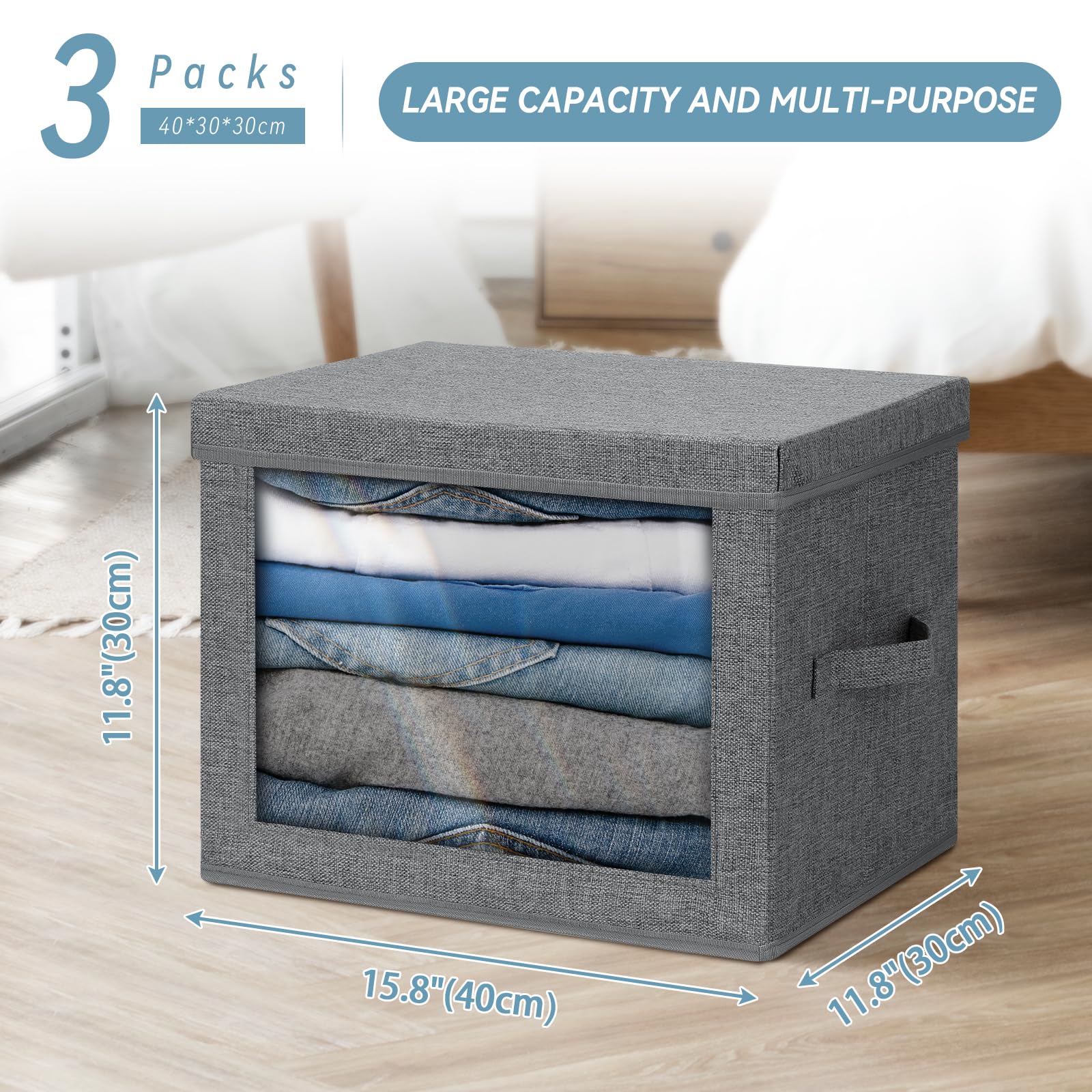 Bellzacasa Large Collapsible Storage Bins with Lids, 3 Pack Foldable Clear Window Storage Boxes with Handles, Linen Fabric Storage Cubes Baskets Organizer Containers, Gray, 15.8x11.8x11.8β