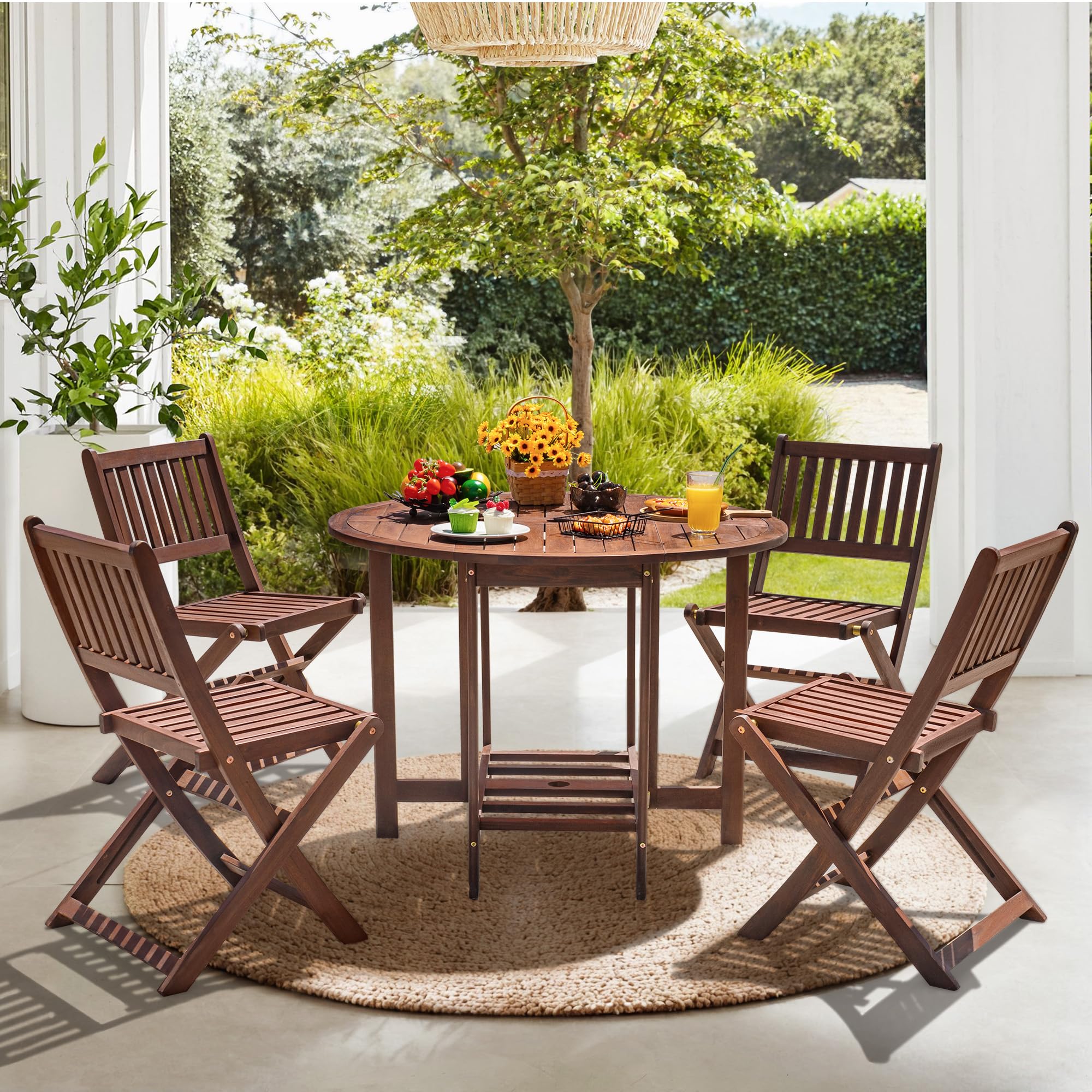 Devoko 5 PCS Patio Furniture, Patio Dining Set Acacia Wood Outdoor Table and Chairs, with 4 Folding Chairs and 37" Round Movable Table, Outdoor Dining Set for Lawn, Balcony, Garden