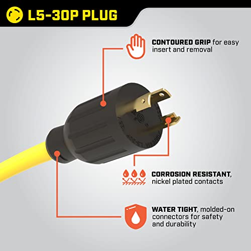 Champion Power Equipment 48034 25 ft. 30A 125V Generator Power 3750 Watts (L5-30P to Three 5-15R) Extension Cord, yellow