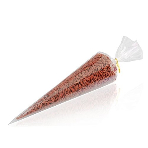 COOLAKE Clear Cone Bags 100PCS Cellophane Triangle Clear Treat Bags with Gold Twist Ties for Christmas Candy Popcorn Handmade Cookies Sweets Crafts 14.5β by 7β