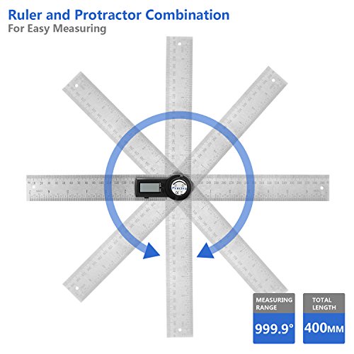 Digital Angle Finder Protractor, Preciva Digital Protractor 7 inch / 400mm Stainless Steel Measuring Ruler with Large LCD Display for Woodworking, Measurement (400MM)