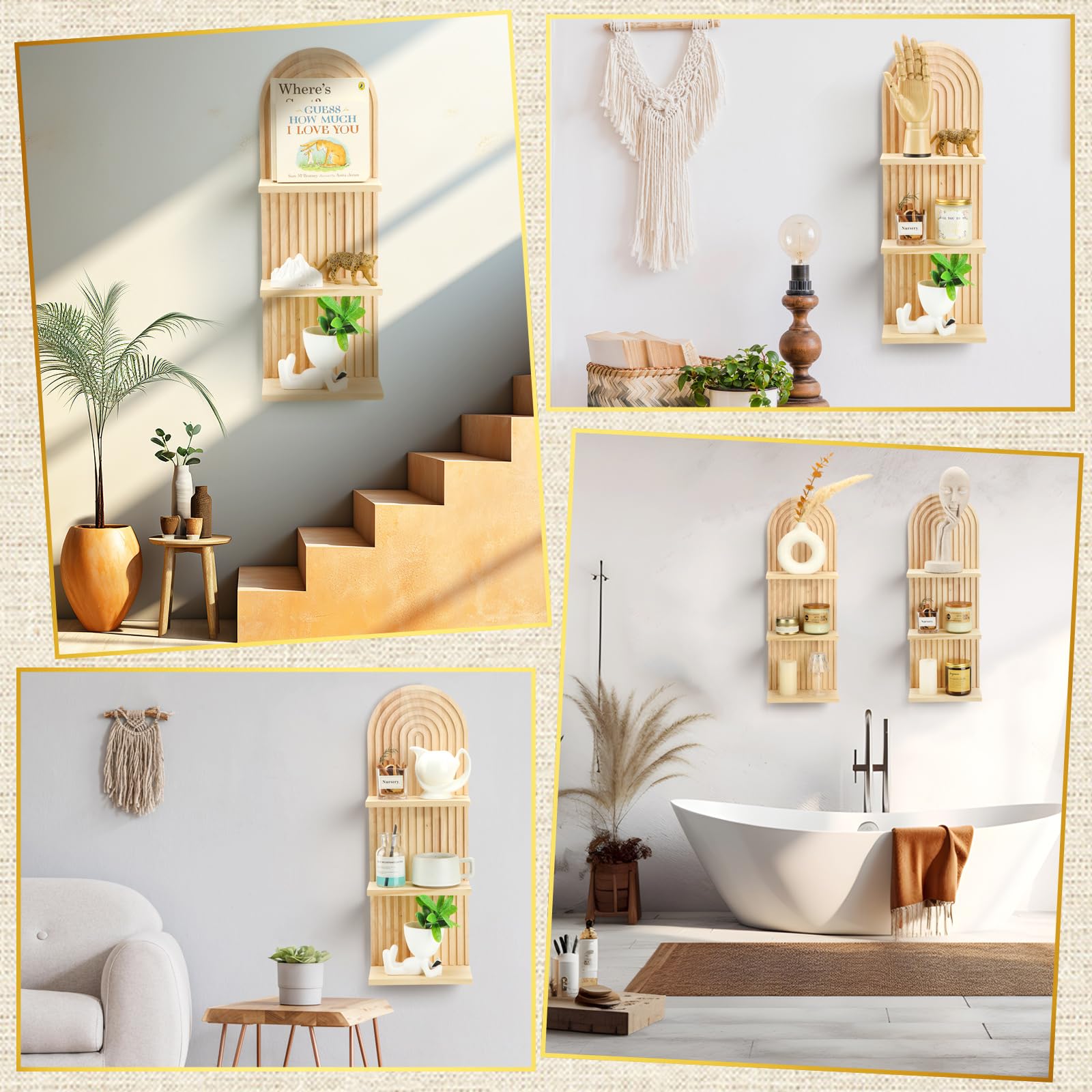 Geetery 2 Pcs Arch Wood Floating Shelf Mid Century Rainbow Wall Shelves Modern Boho Wall Shelf Retro Wall Mounted Wood Arch Wall Decor for Bedroom Living Room Classroom Bathroom Display (3 Tier)