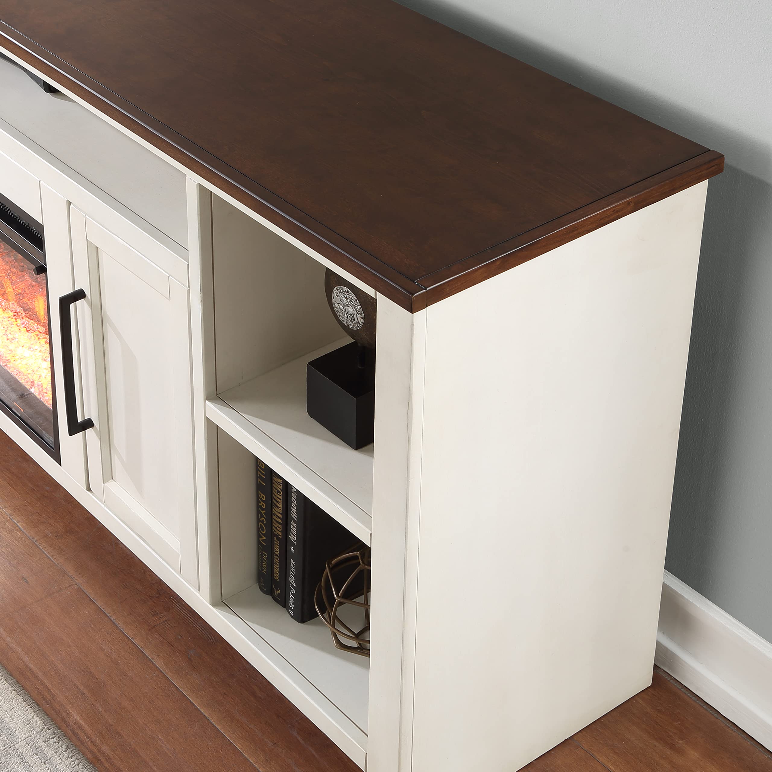 Bridgevine Home Modern 85 Inch Electric Fireplace TV Console. Accommodates TVs up to 95 inches. Fully Assembled. Poplar Solids and Okume Veneers. Jasmine Whitewash and Whiskey Finish.