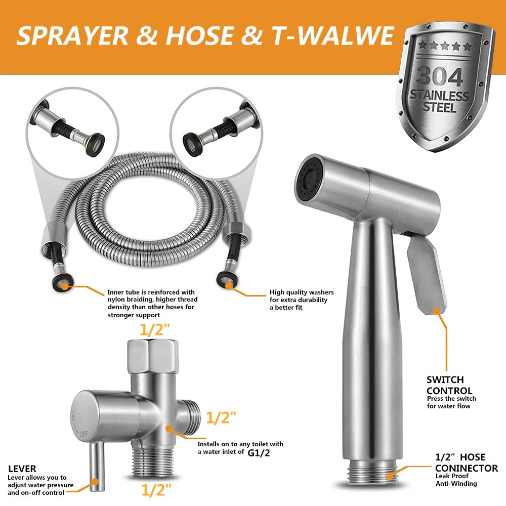 DFHBFG Handheld Toilet Bidet Sprayer Set Kit Stainless Steel Hand Faucet for Bathroom Shower Head Self Cleaning