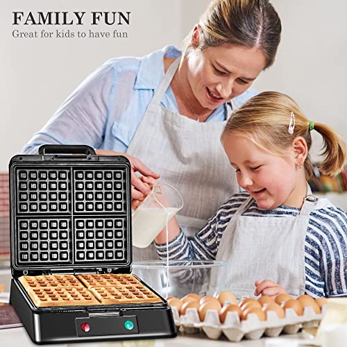 REDMOND Waffle Maker, Nonstick 4 Slice Square Waffle Iron, Compact Classic Stainless Steel Waffle Maker for Family Use Breakfast, 1300W, Black