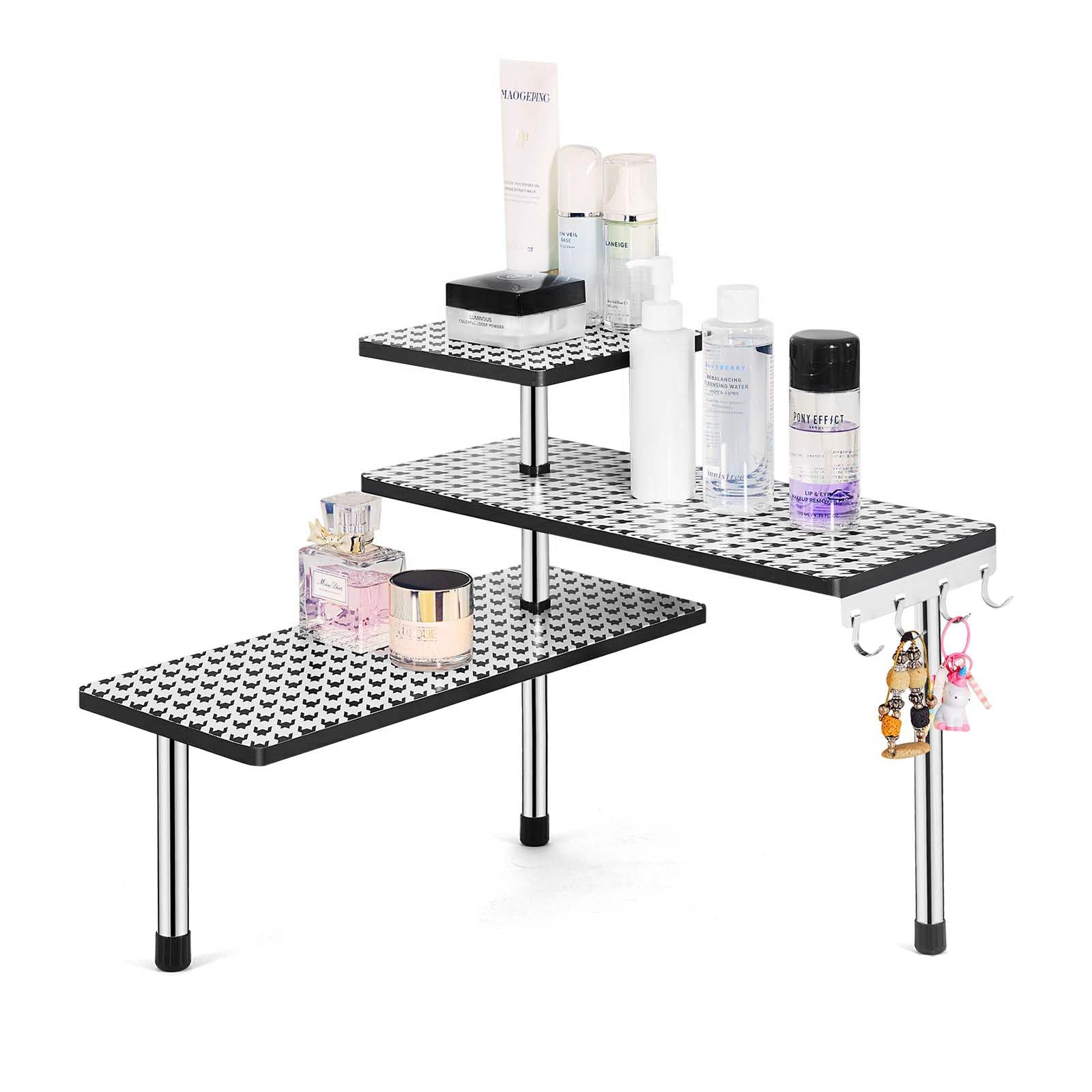 DRDINGRUI 3-Tier Bamboo Countertop Organizer, Kitchen Corner Shelf Organizer, Movable Corner Shelf with Hooks for Kitchen, Bathroom, Living Room, Office, White