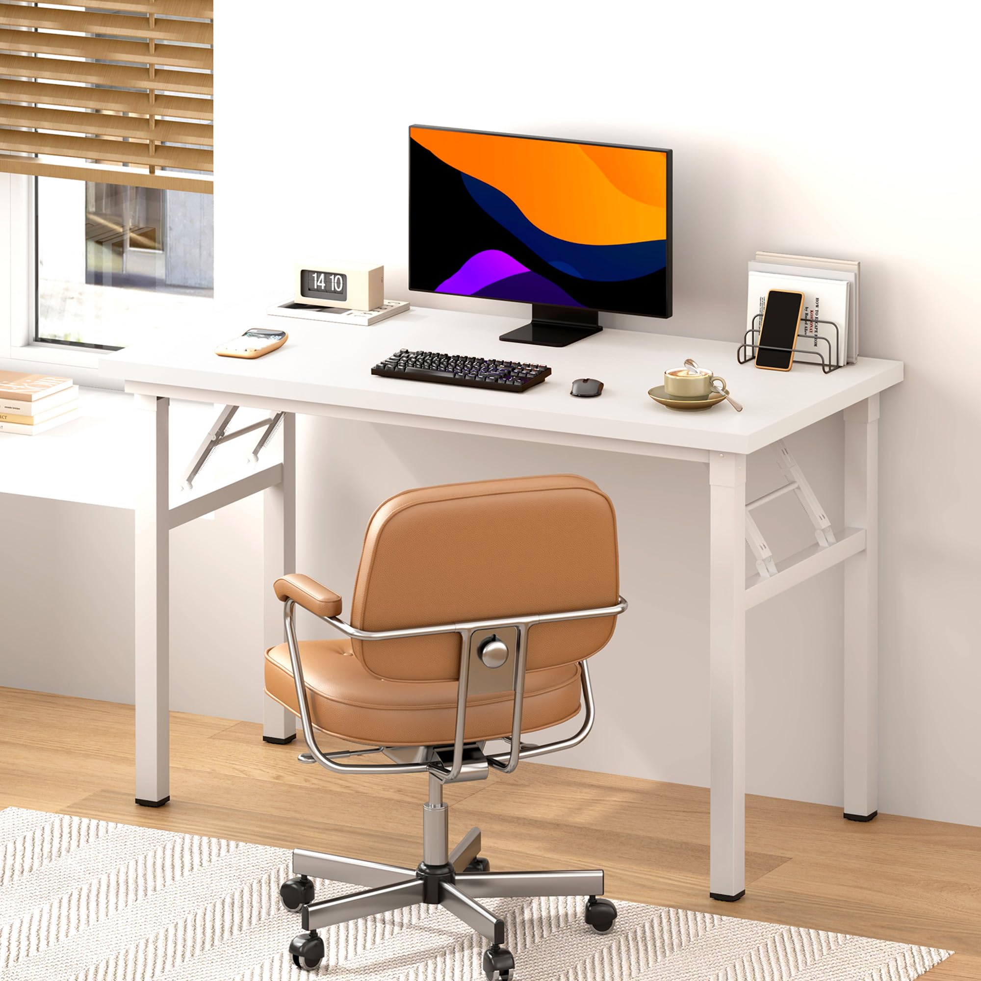 DlandHome Computer Desk Folding Table 39.4 inches Writing Desk for Small Space Folding Desk Laptop Desk No Assembly Required White&White