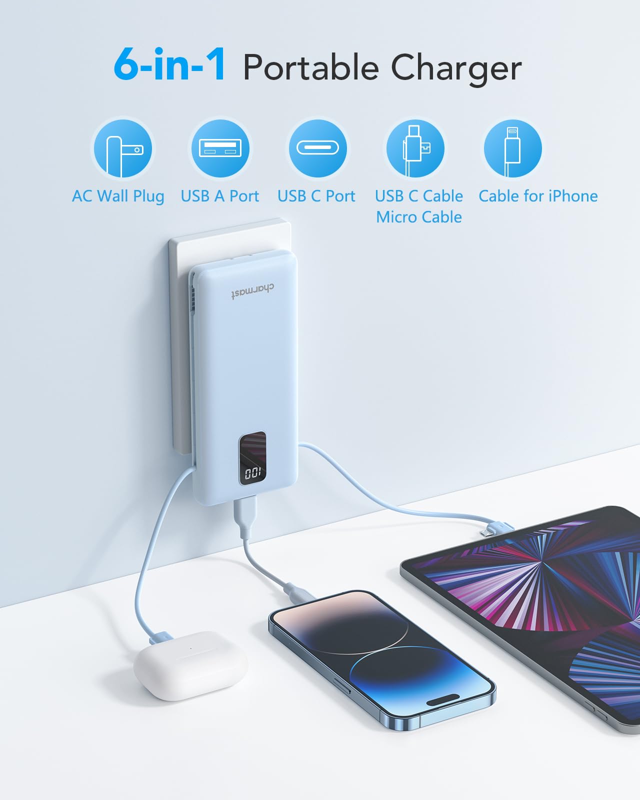 Charmast Portable Charger with Built-in Cables and AC Wall Plug, 10000mAh Ultra Slim Power Bank, External Battery Pack, Travel Accessories Compatible with iPhone 14/13, Samsung Galaxy, etc