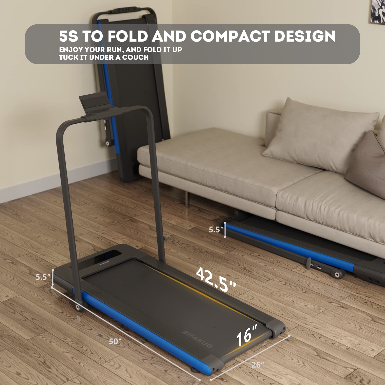 Bifanuo 2 in 1 Folding Treadmill, Smart Walking Running Machine with Bluetooth Audio Speakers, Installation-Free，Under Desk Treadmill for Home/Office Gym Cardio Fitness（Blue）