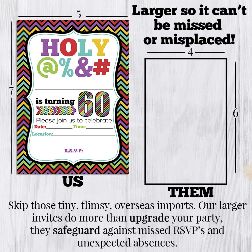 HOLY @% 60th Birthday Party Invitations, 20 Funny 5x7 Fill In Cards with Twenty White Envelopes for Milestone Birthdays by AmandaCreation