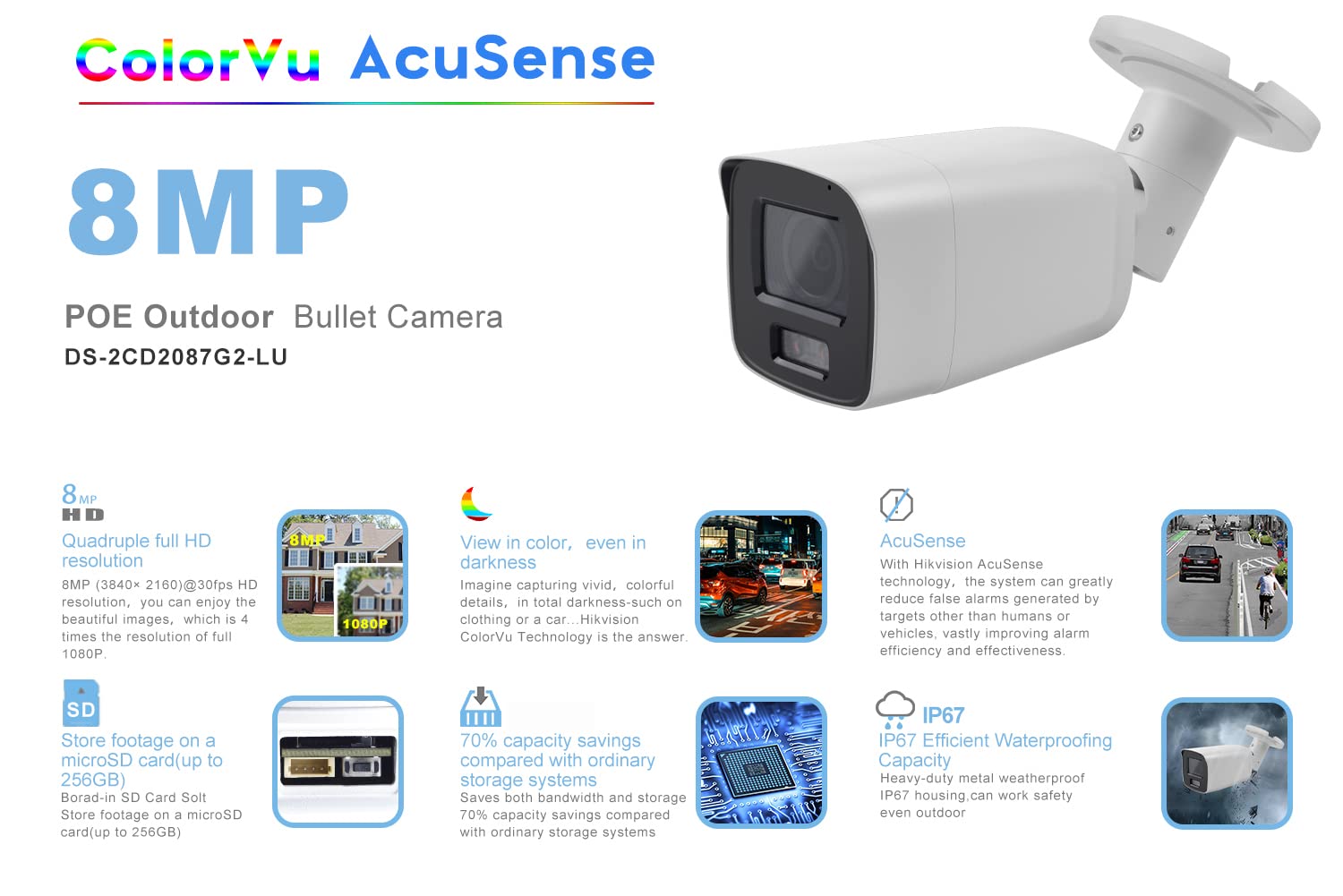 HIK-Tech US 4K(8MP) Outdoor ColorVu Bullet POE IP Camera DS-2CD2087G2-L(U)(2.8MM), 24/7 Colorful Imaging,Acusense Technology, Built-in Microphone