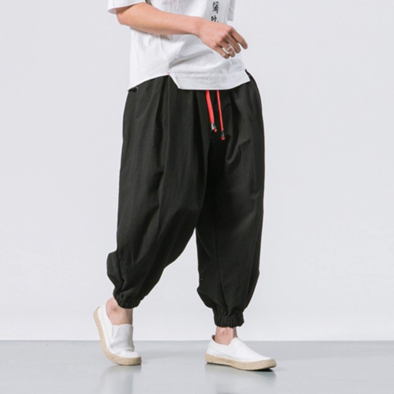 Casual Baggy Harem Pants for Men Trendy Oversized Drawstring Cotton Linen Boho Yoga Pants with Pockets Joggers Sweatpants Black