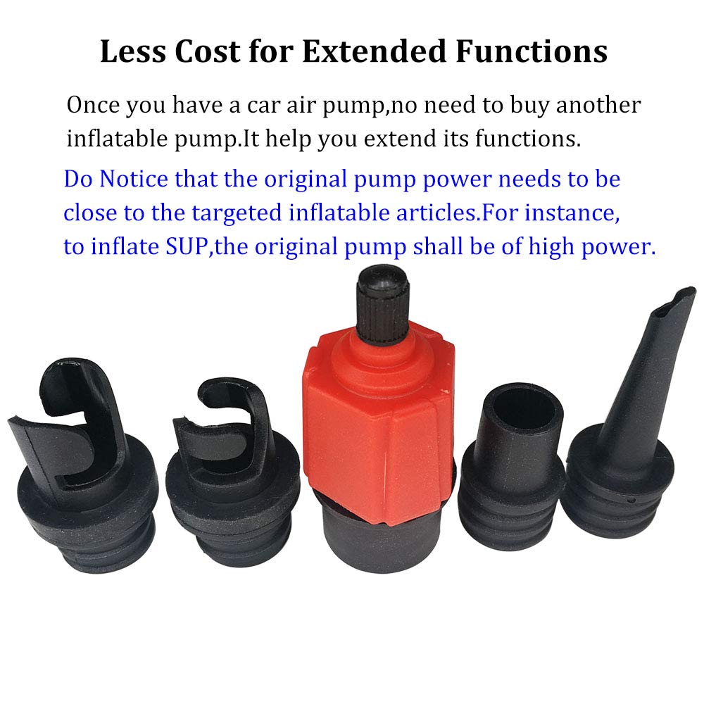 BUENNUS Car Compressor to Inflatable Pump Valve Adapter, Inflatable Valve Adapter with 4 Nozzles for Inflatable Air Mattress,Swimming Ring/Pool,Inflatable Bed/Sofa,Boat,Kayak,SUP and More