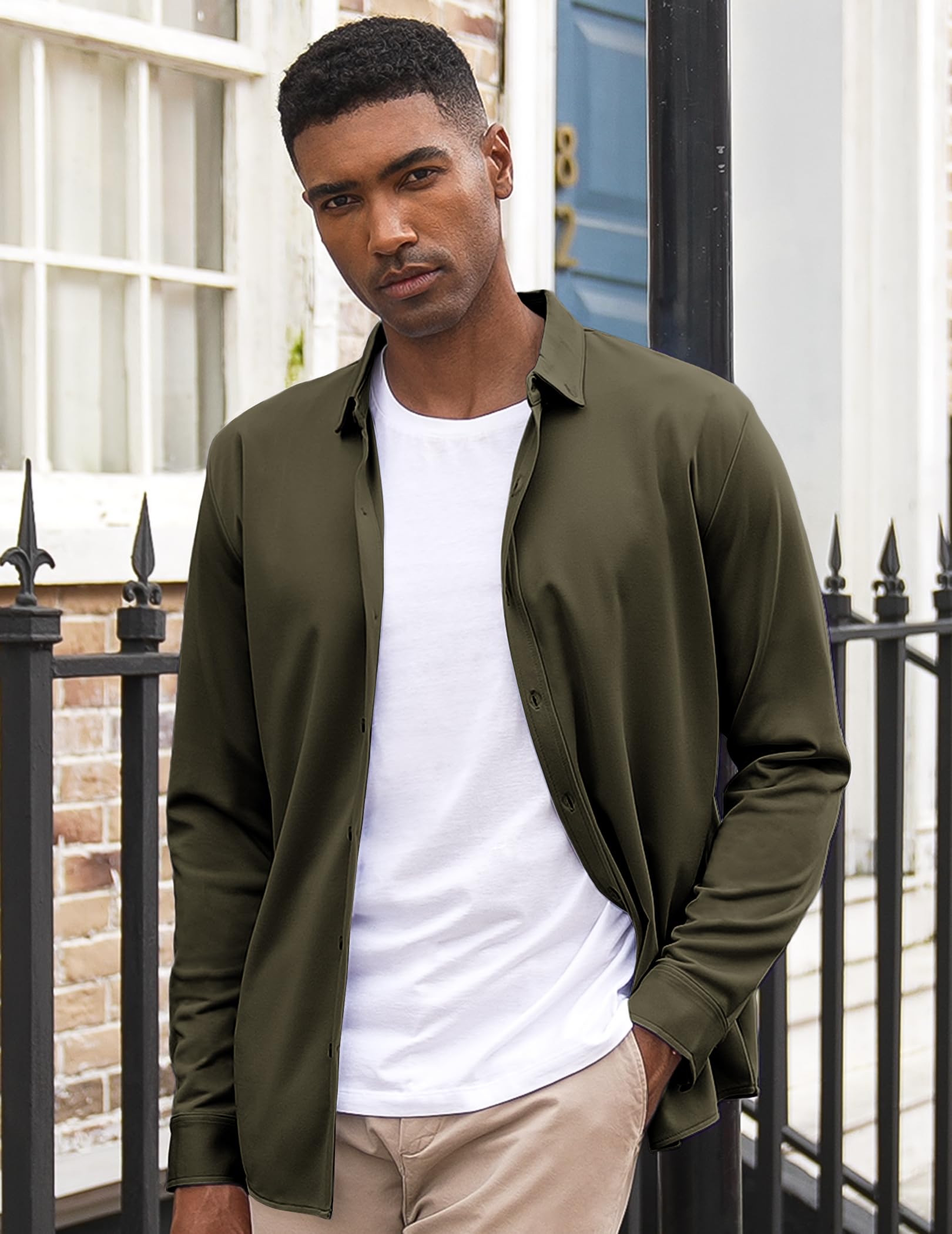 COOFANDY Men's Long Sleeve Button Up Dress Shirts Wrinkle Free Casual Dress Shirt Green
