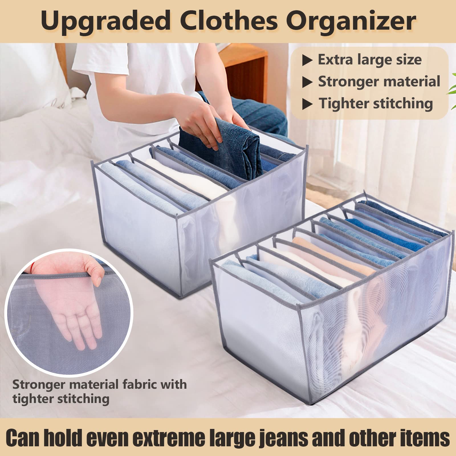 Upgraded Wardrobe Clothes Organizer, TIGARI Drawer Organizers for Clothing, Soft Organizer Clothes, Storage for Folded Jeans, Divided Clothes Organizer for Jeans Pants T-Shirts Underwear (9 Grids)