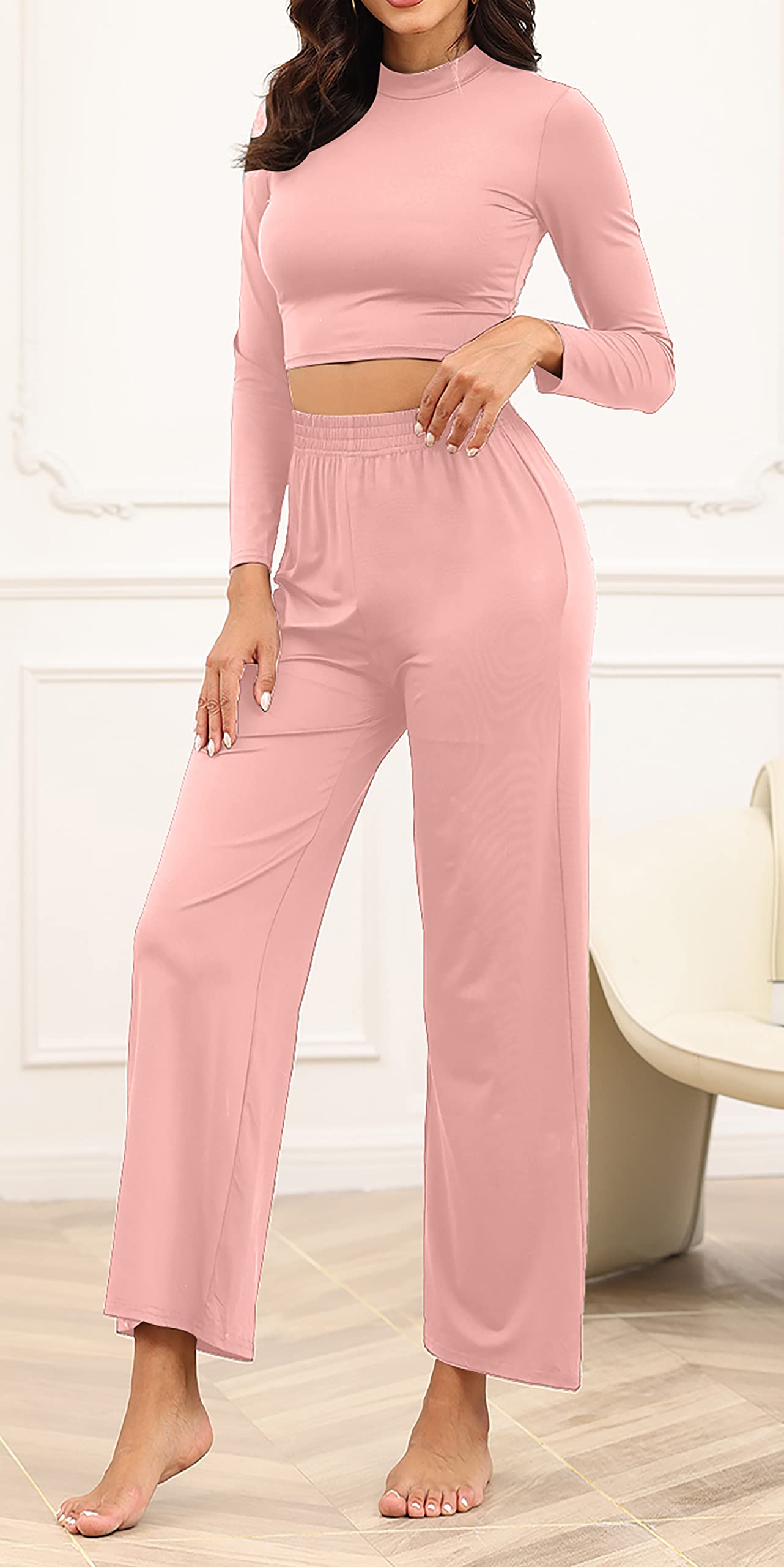 Casual Loose Crop Top High Waist Long Pants for Women 2 Piece Solid Loose Fit Gym Outfits Pink M