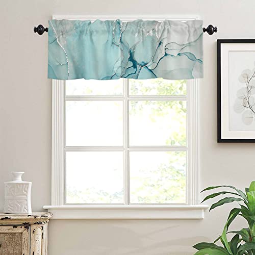 Kitchen Valances for Windows, Marble Texture Abstract Teal Blue and White Gold Glitter Splatter Kitchen Curtains, Short Curtains Rod Pocket Small Window Curtains 54"x18" Bathroom Curtains Window