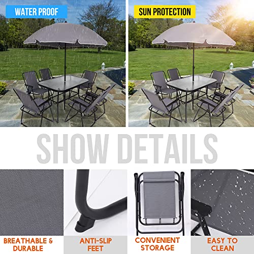 JOYTIO Folding Patio Dining Set, Garden Patio Furniture Set, 8-Piece Outdoor Dining Set with Tilted Removable Umbrella, 6 Folding Chairs, and 1 Rectangular Tempered Glass Table β Grey